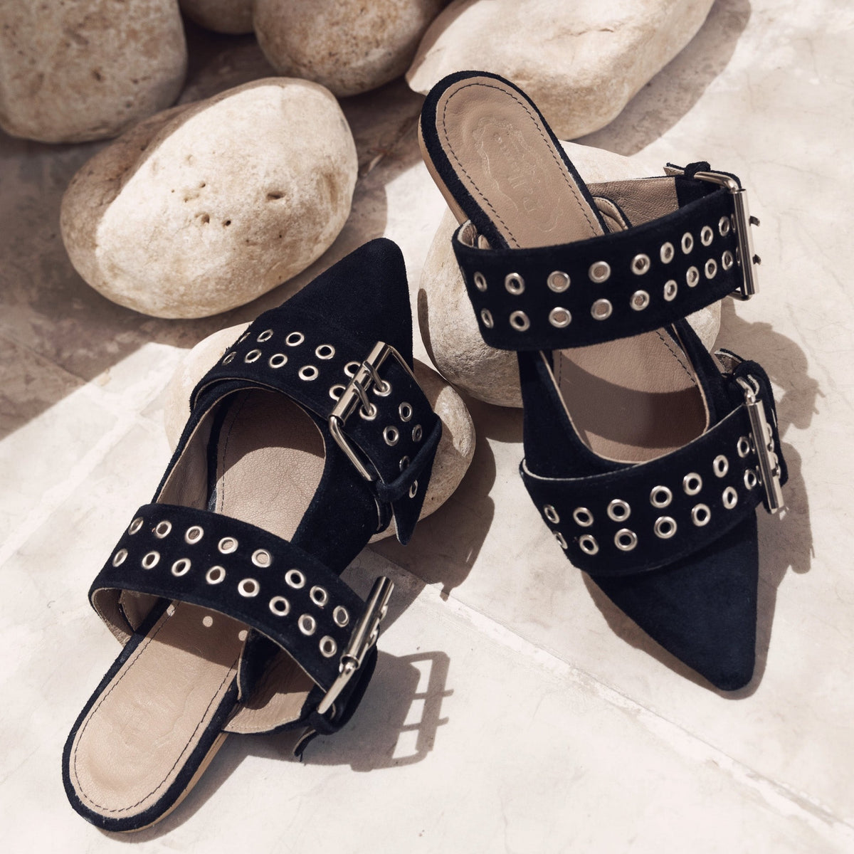 Point-Toe Mules with 2 Buckled Straps Black – Pellame